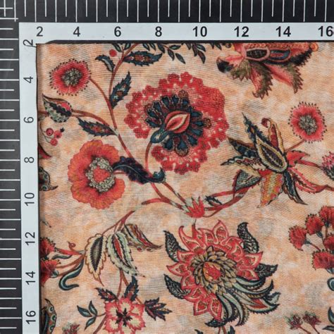 Peach Floral Pattern Digital Print Viscose Muslin Fabric Fabcurate