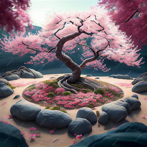 Árbol De Flor De Cerezo En El Jardín Japonés En La Ilustración Del