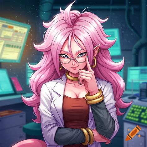 Anime Portrait Of Android 21 From Dragonball Pink Hair Glasses Lab