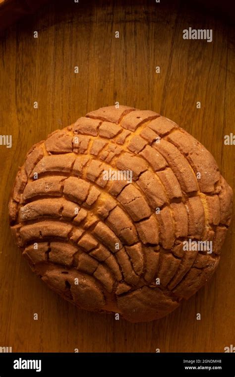 Top View Of A Delicious Traditional Mexican Sweet Bread Called Concha On A Background Stock