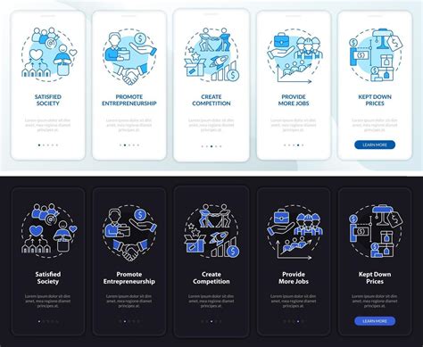 Market Economy Advantages Night Day Mode Onboarding Mobile App Screen Walkthrough 5 Steps