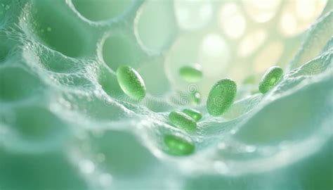 Microscopic View Of Green Oval Cells Within White Network Structure