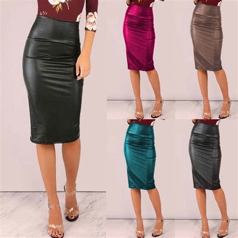 Jinhomg Faux Leather Pencil Skirt For Women Stretch Comfy High Waisted