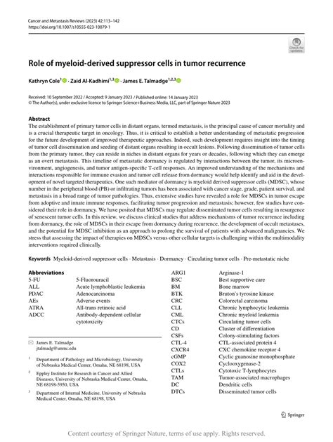 Role Of Myeloid Derived Suppressor Cells In Tumor Recurrence Request Pdf