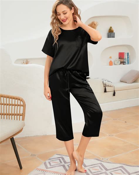 Swomog Womens 2 Piece Satin Pajamas Silk Short Sleeve