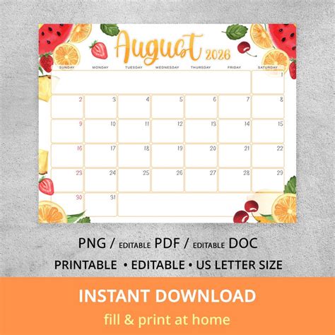 August 2026 Monthly Calendar Editable Summer Fruit Planner Printable
