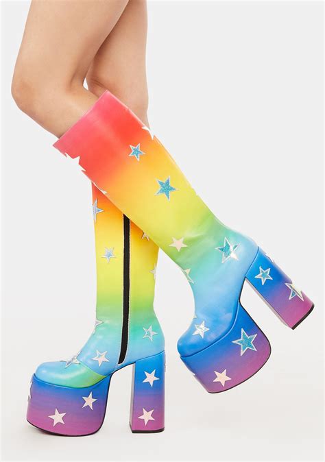 Club Exx Rainbow Star Knee High Platform Heel Boots Platform Heels