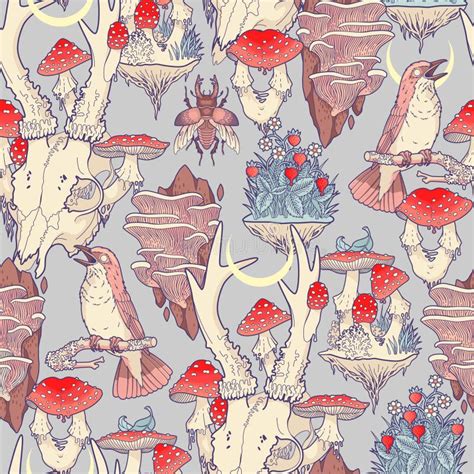 Deer Skull With Fly Agaric Vector Seamless Pattern Stock Vector