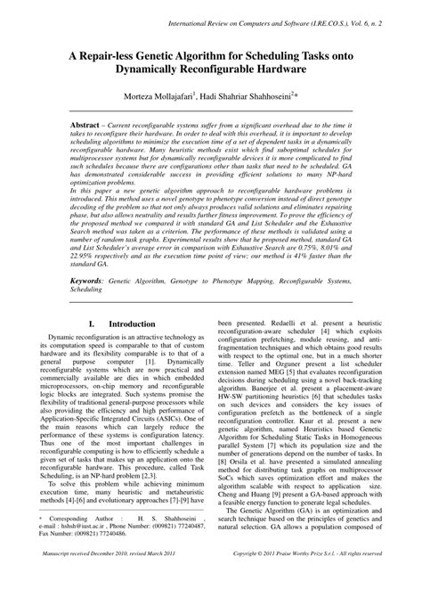 Pdf A Repair Less Genetic Algorithm For Scheduling Tasks Onto Dynamically Reconfigurable Hardware