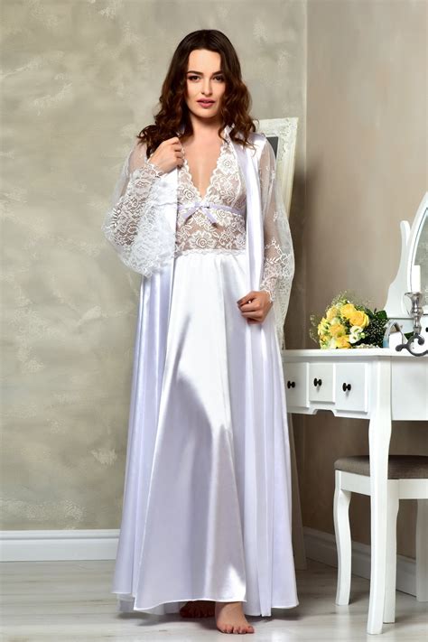 Buy White Long Bridal Robe And Nightgown Set Satin Lace Peignoir Set