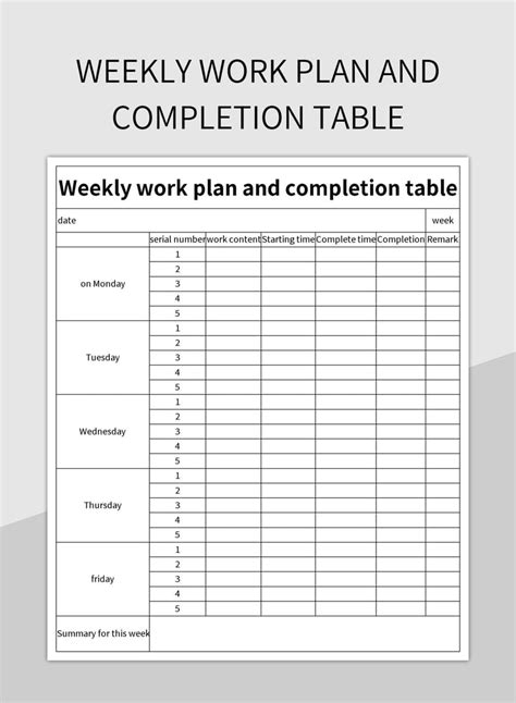 Weekly Work Plan And Completion Table Excel Template And Google Sheets ...