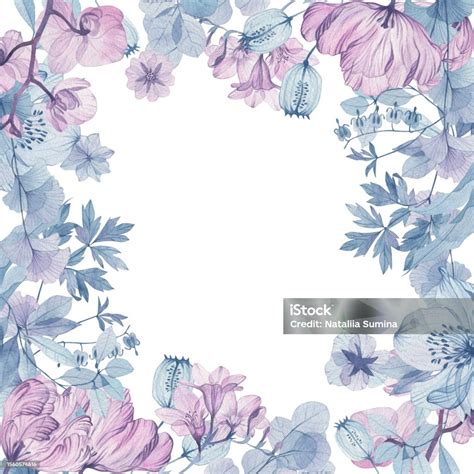 수채화 물감 장미 도라지 새싹 나뭇잎 파스텔 핑크 그레이 블루 바이올렛 퍼플 빈티지 장식 테두리 코너 웨딩 디자인 프레임의 투명한 꽃다발 배열 결혼식에 대한 스톡 벡터 아트