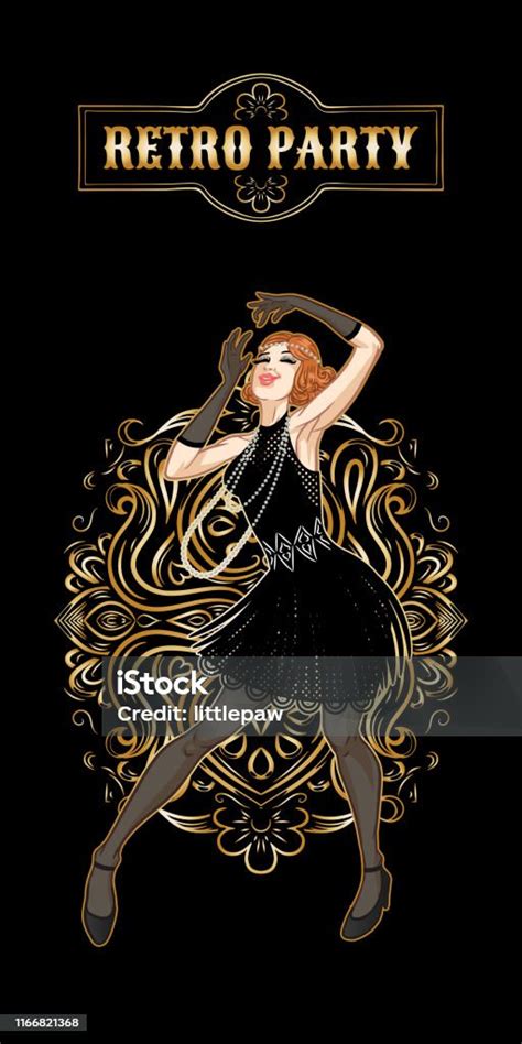 복고풍 파티 카드 1920 년대 스타일 댄스 플래퍼 소녀 이십 벡터 일러스트레이트에 옷을 입은 아름다운 여성 1920 1929