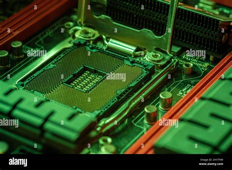 Detail Of A Cpu Socket In A Motherboard Of A Gaming Pc In Green Light Stock Photo Alamy