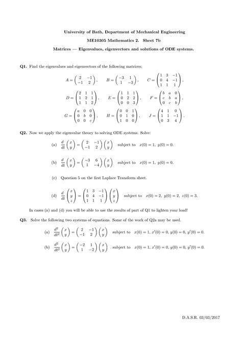 Me10305 2016 2017 Problem Sheet 7b Eigenvalues Eigenvectors And