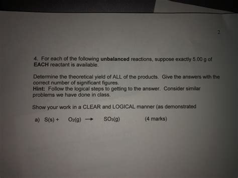 Solved 4 For Each Of The Following Unbalanced Reactions