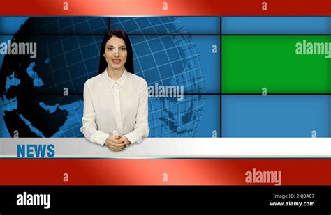 Attractive Female News Presenter In Broadcasting Studio With Green