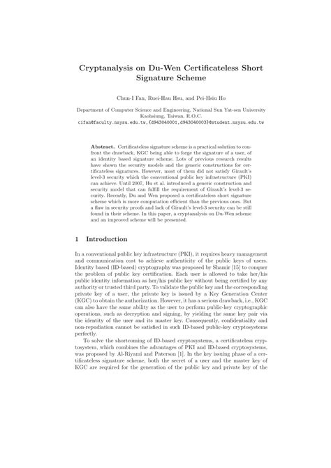 Pdf Cryptanalysis On Du Wen Certificateless Short Signature Scheme