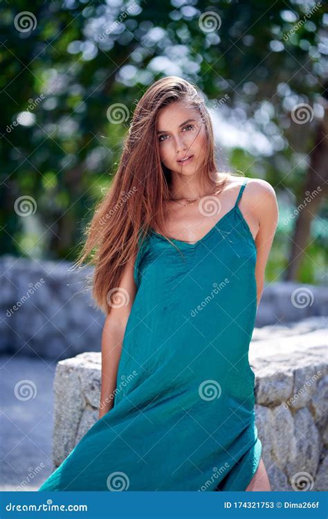 Portrait Of Beautiful Girl In A Green Dress Stock Image Image Of