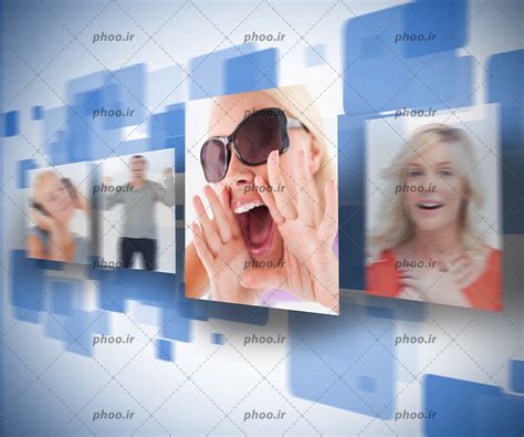 عکس با کیفیت خانم با عینک آفتابی در حال داد زدن در پس زمینه آبی عکس با کیفیت و تصاویر استوک