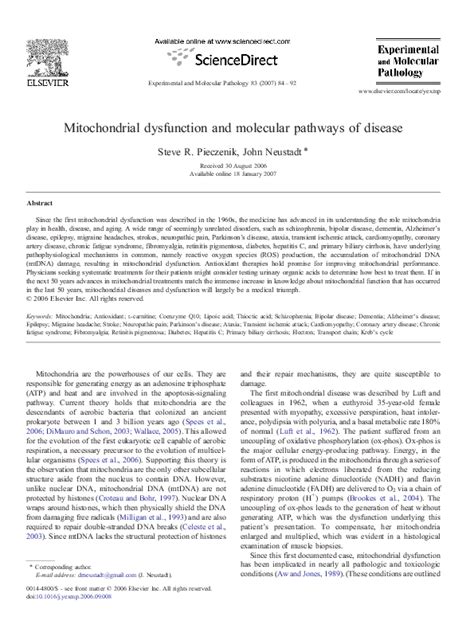 Pdf Mitochondrial Dysfunction And Molecular Pathways Of Disease