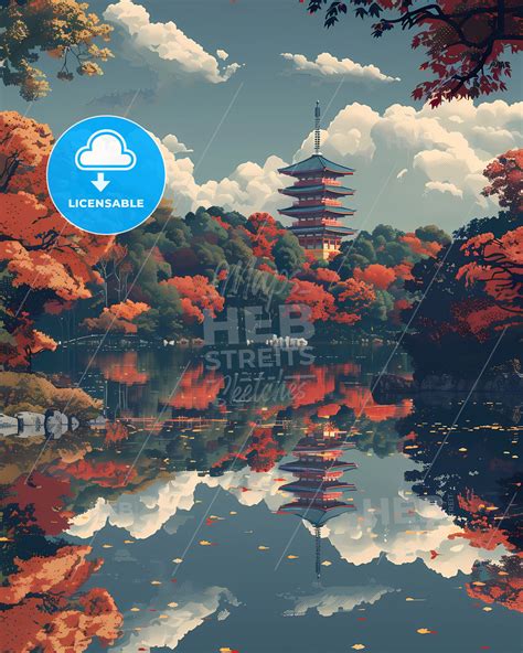 Vibrant Japanese Artwork Depicting A Serene Waterway With Tower Amidst
