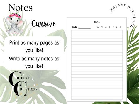 CURSIVE Notes Printable And PDF Fillable Take Note Planning Minimal Design Planner Inserts Ideas