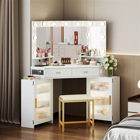 Everly Quinn Modern Corner Makeup Vanity Set With Mirror And Cabinets