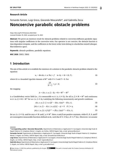 Pdf Noncoercive Parabolic Obstacle Problems