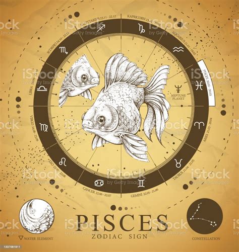 점성술 물고기자리 조디악 기호 빈티지 마법 마술 카드 사실적인 손 그리기 잉어 피쉬 일러스트 조디악 특성 고대의에 대한 스톡 벡터 아트 및 기타 이미지 Istock