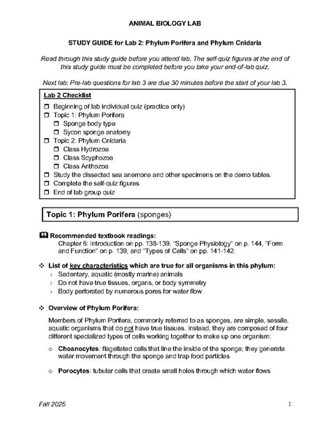 Lab 2 Study Guide Phylum Porifera And Cnidaria Concepts Fall 2025