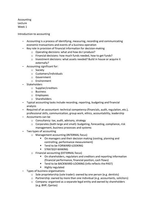 Accounting Lecture Notes Accounting Lecture Week Introduction To Accounting Accounting