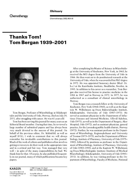 thanks tom tom bergan 1939 2001 chemotherapy karger publishers