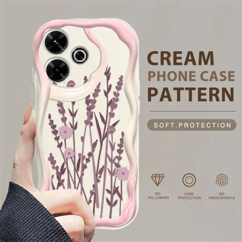 Bili For Redmi 13 Xiaomi Poco M6 4g Back Cover Simple Flower Pattern Cream Texture Wavy Soft