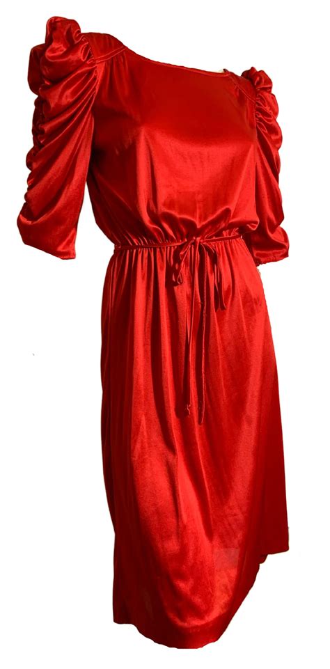 Candy Apple Red Nylon Disco Dress With Ruched Sleeves And Low Back Circa