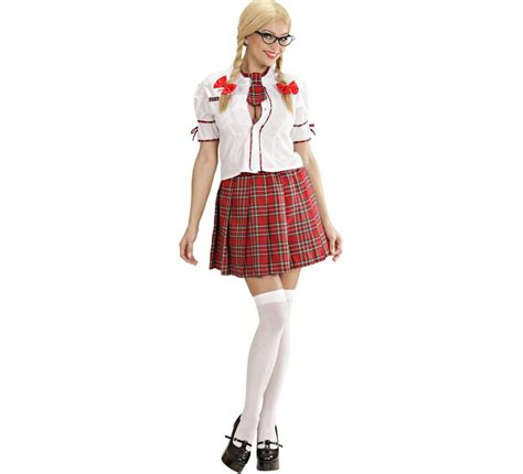 Disfraz De Colegiala Blanco Y Rojo Con Corbata Para Mujer