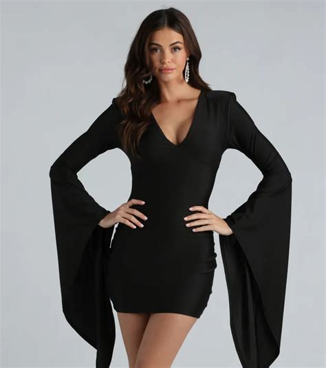 Windsor Dramatic Pause V Neck Bell Sleeve Mini Dress