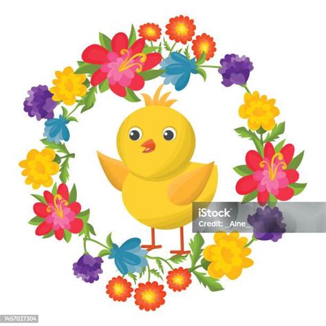 흰색 배경에 격리된 꽃 화환에 있는 귀여운 만화 병아리 행복한 부활절 인사말 카드입니다 봄 개념입니다 3차원 형태에 대한 스톡 벡터 아트 및 기타 이미지 Istock