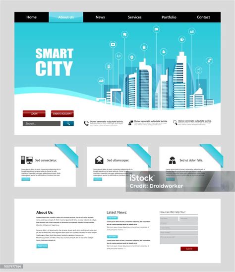 스마트 시티 헤더 디자인의 플랫 일러스트와 함께 한 페이지 웹 사이트 서식 파일 Html에 대한 스톡 벡터 아트 및 기타 이미지