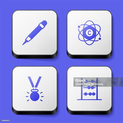 Set Pencil With Eraser Atom Medal And Abacus Icon White Square Button Vector Stock Illustration