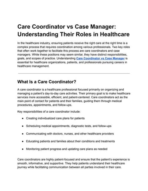 Care Coordinator Vs Case Manager Understanding Their Roles In Healthcare Pdf