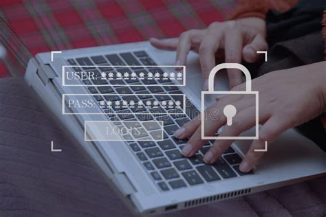 Cyber Security Concept Woman Hand Typing On Keyboard With Login And Password On Screen Display
