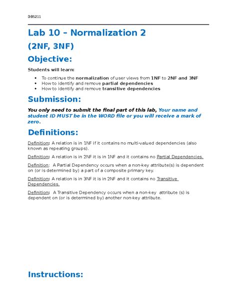 Dbs211 Lab10 Normalization 2 Lab 10 Normalization 2 2nf 3nf