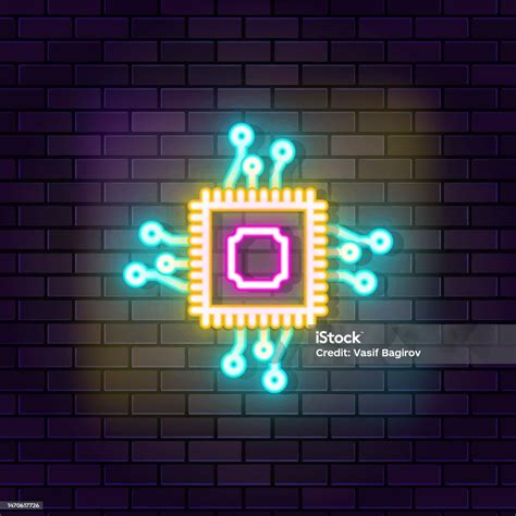Ai Artificial Chip Neon Vector Icon On Dark Wall Background Neon Ai