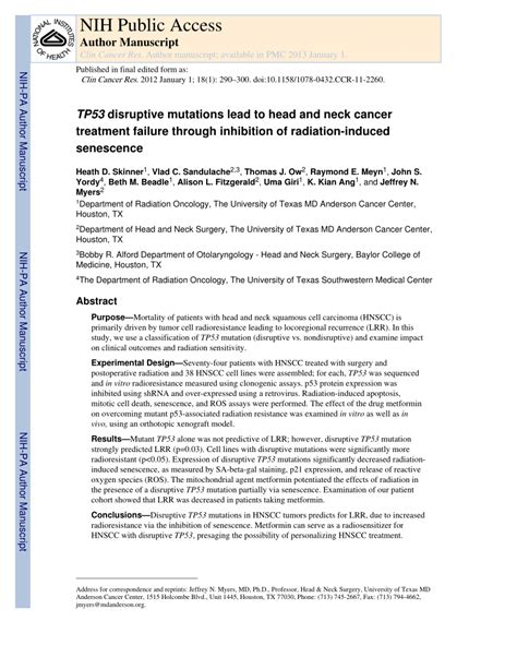 Pdf Tp53 Disruptive Mutations Lead To Head And Neck Cancer Treatment