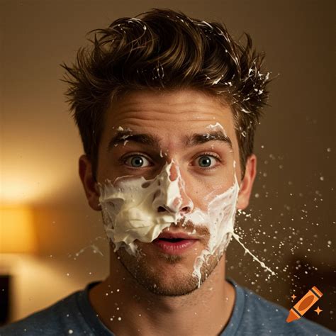 Photorealistic Close Up Of A Surprised Young Man With Whipped Cream