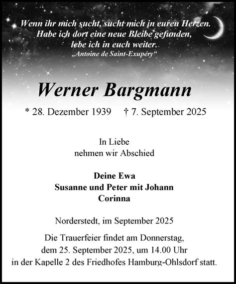 Traueranzeigen Von Werner Bargmann Sh Z Trauer