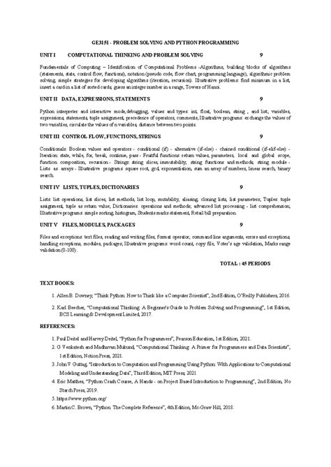 Problem Solving And Python Programming Syllabus Ge3151 Problem