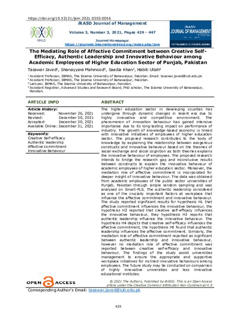 Pdf The Mediating Role Of Affective Commitment Between Creative Self Efficacy Authentic