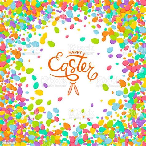 인사말 오렌지 비문 및 흰색 배경에 고립 된 밝은 계란 색종이와 다채로운 부활절 배경 계절에 대한 스톡 벡터 아트 및 기타 이미지 계절 공휴일 귀 부분 Istock